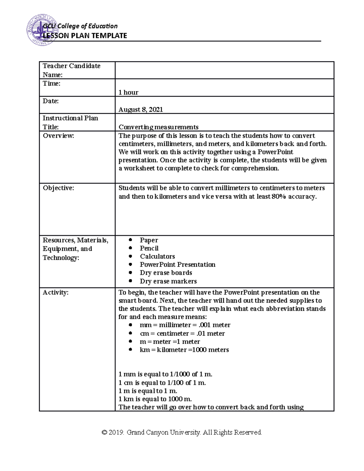 Week 7 final lesson plan - GCU College of Education LESSON PLAN ...