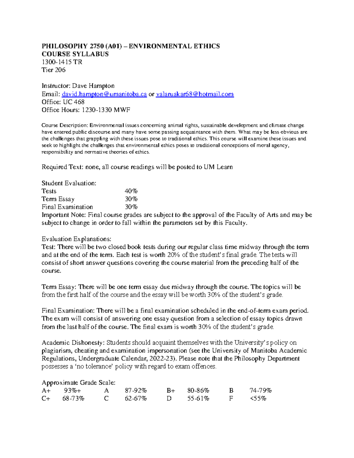 Philosophy 2750 Syllabus fall22 - PHILOSOPHY 2750 (A01) – ENVIRONMENTAL ...