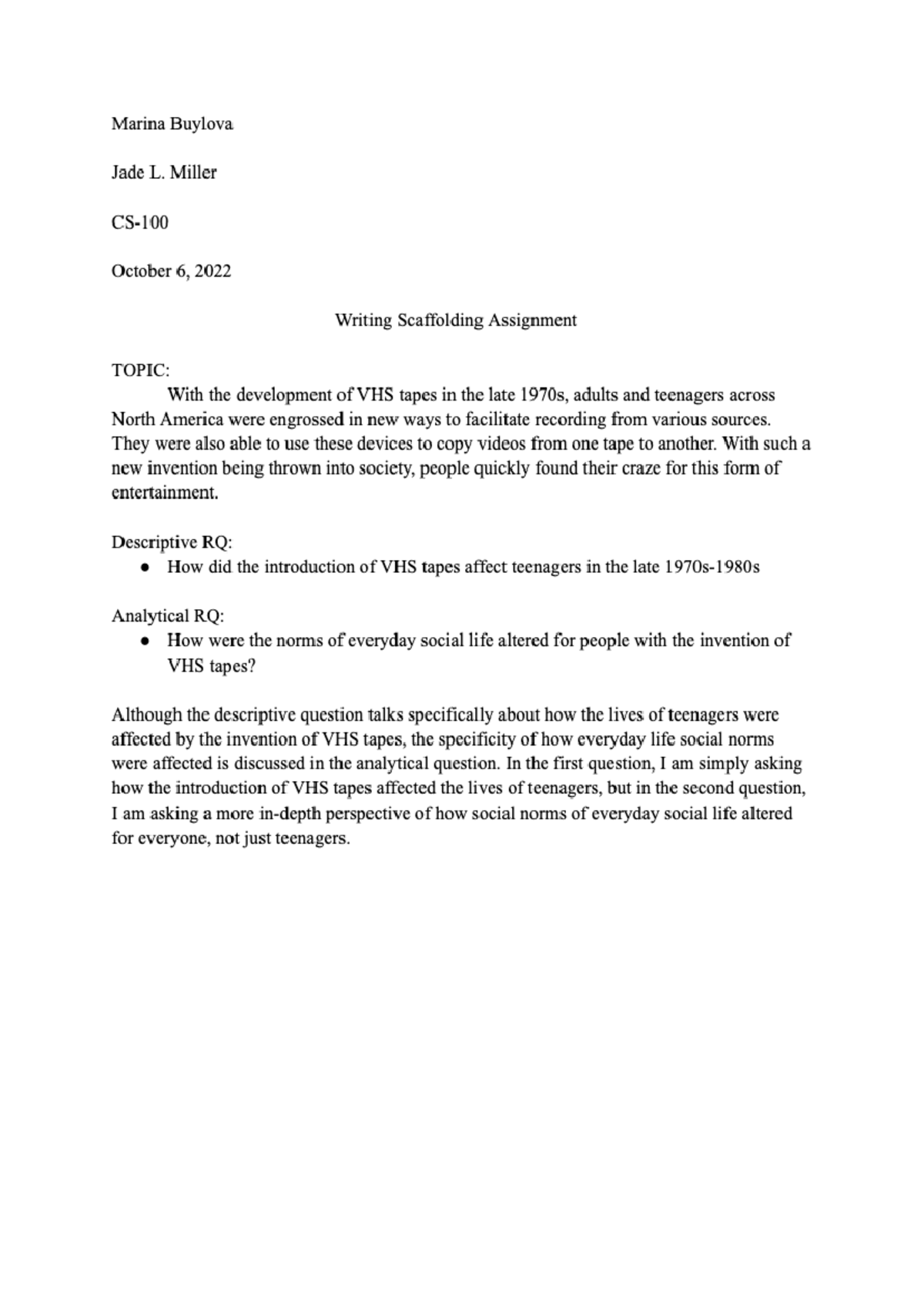 Writing scaffolding assignment 1 - Google Docs - CS100 - Studocu