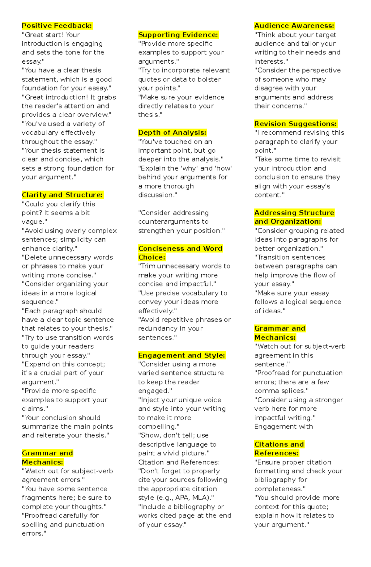 Positive comments for students work - Positive Feedback: "Great start ...