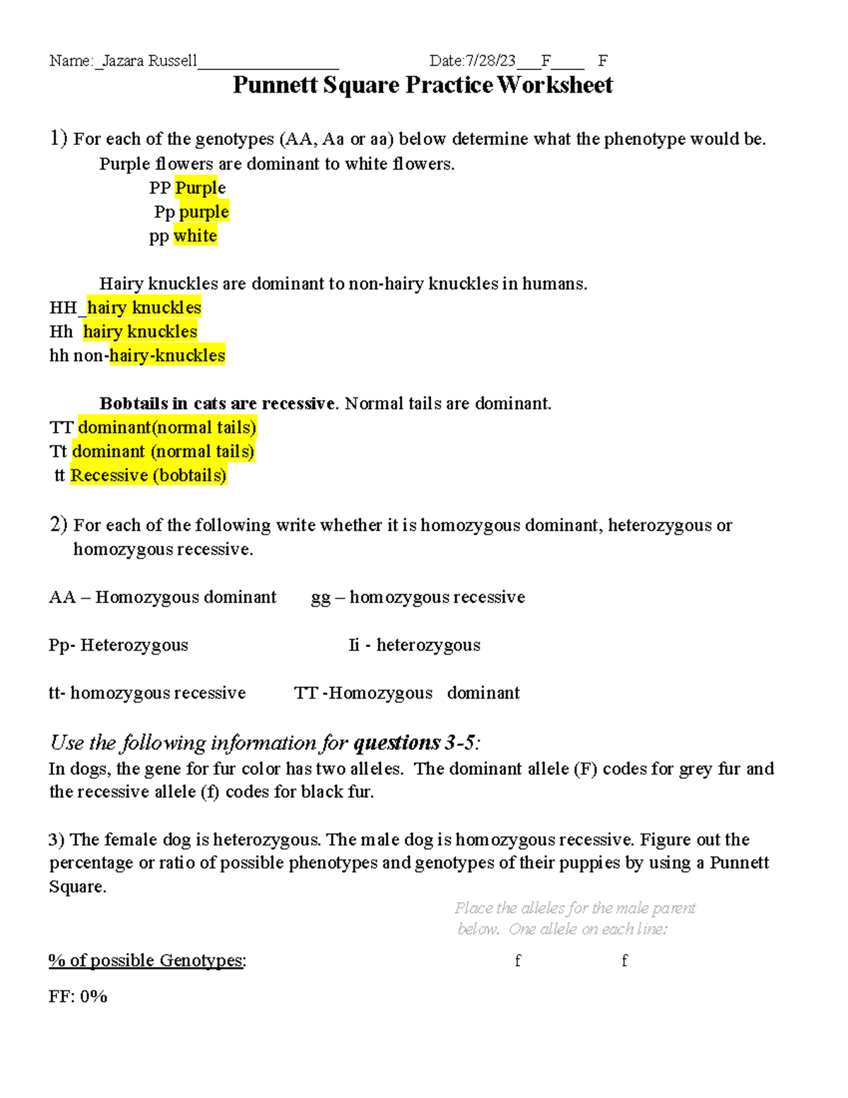 Punnett Square Practice Worksheet DONE - PHYS 305/L - CSUN - Studocu