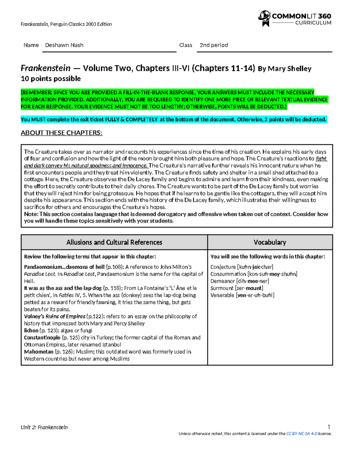 Copy of 2.16 Frankenstein Volume Two, Chapters III-VI During-Reading ...