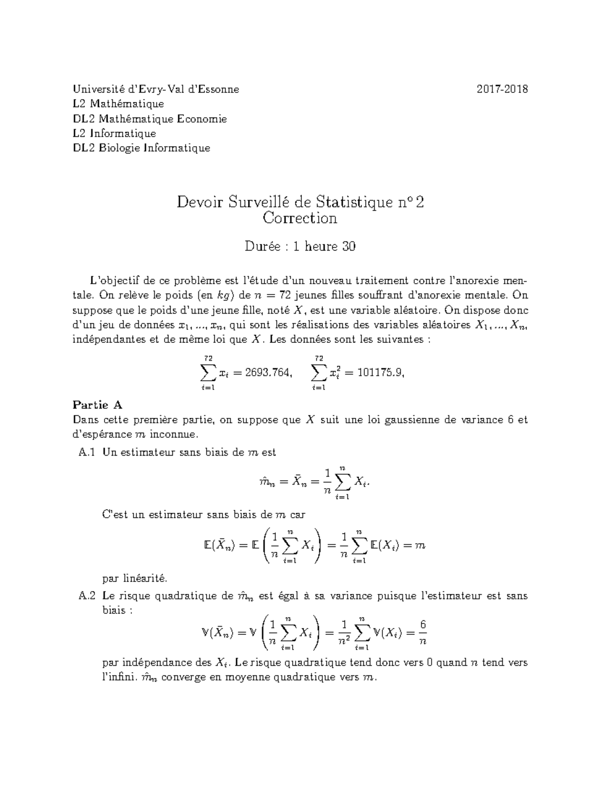 DS2 L2 2017-18 - correction - Université d’Evry-Val d’Essonne 2017- L2 Mathématique DL2 ...
