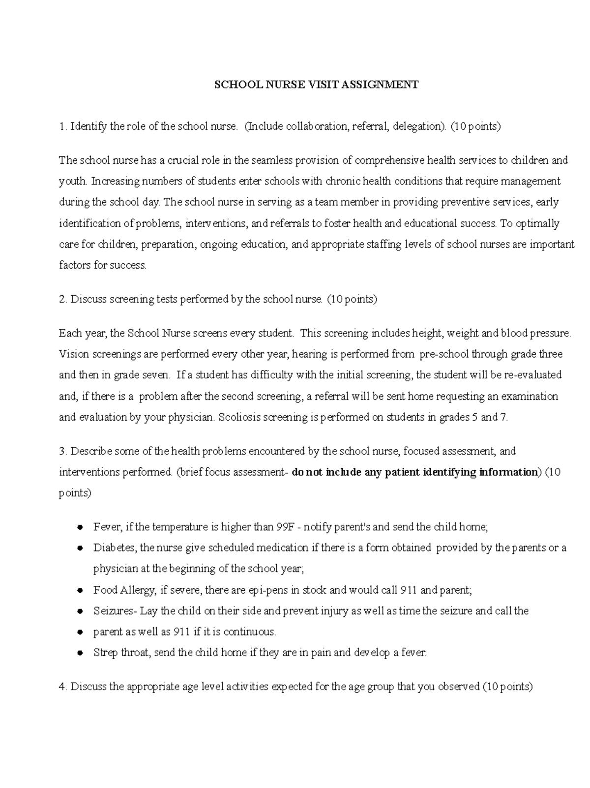 School nurse visit for clinical - SCHOOL NURSE VISIT ASSIGNMENT 1 ...