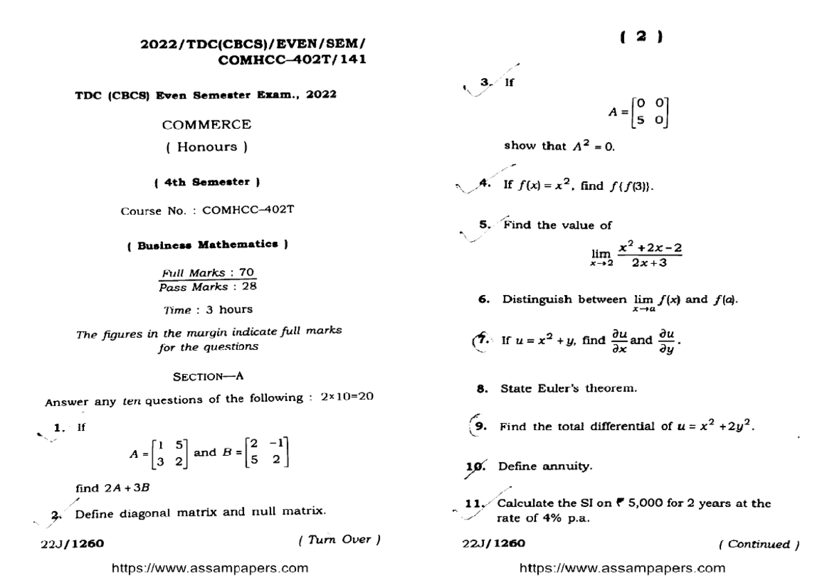 Tdc 4 sem commerce business mathematics 141 2022 - Complex Analysis ...