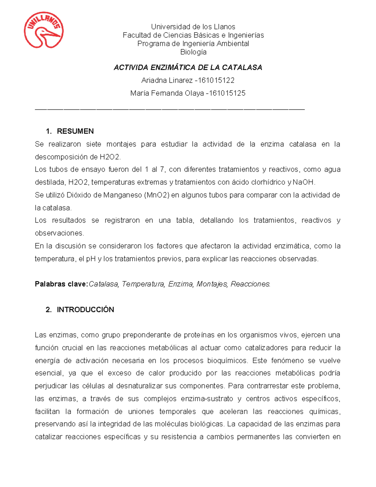 Informe N°1 - practica - Universidad de los Llanos Facultad de Ciencias Básicas e Ingenierías ...