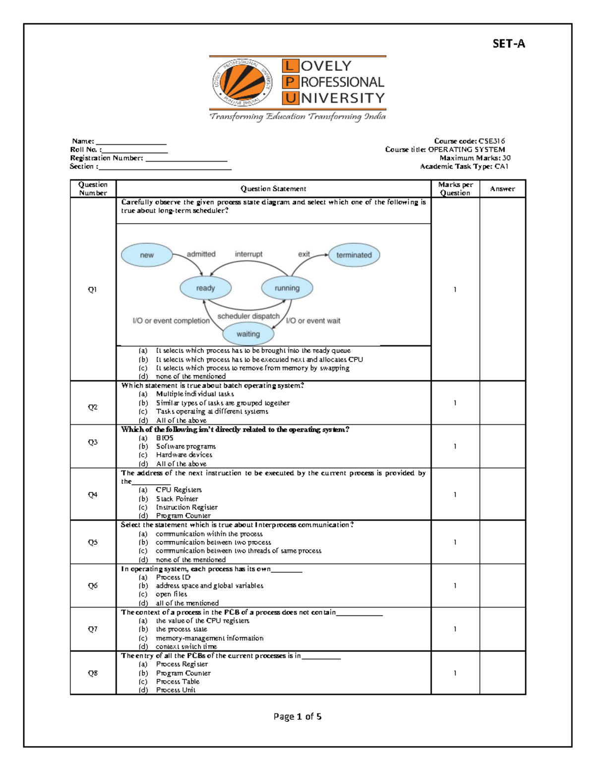 Ca1 Cse316 Kirti 29458 Seta Name Course Code Cse Roll No