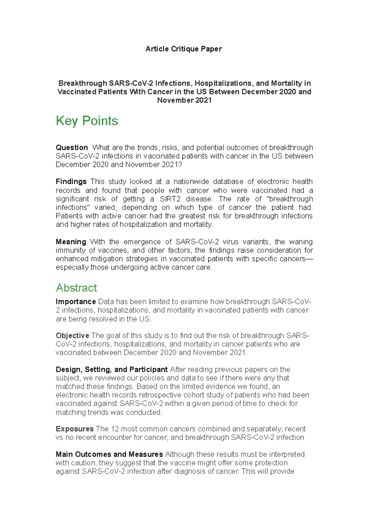 Article Critique Paper - Article Critique Paper Breakthrough SARS-CoV-2 ...