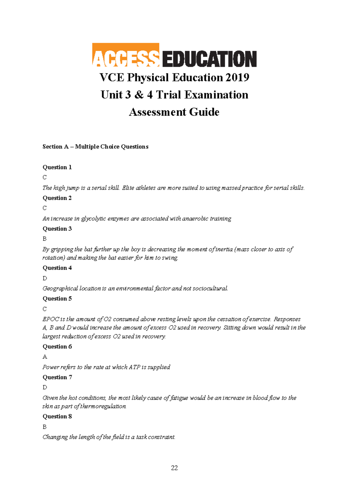 Access 2019 ans - PE exam - VCE Physical Education 2019 Unit 3 & 4 ...