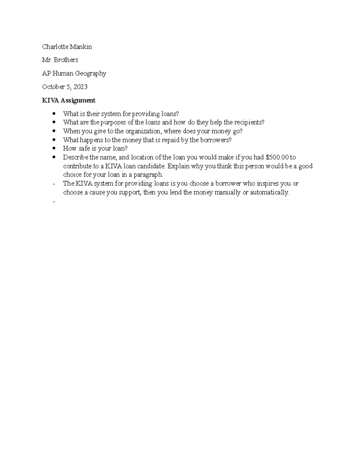 AP Human Geography KIVA Assignment - Charlotte Mankin Mr. Brothers AP ...