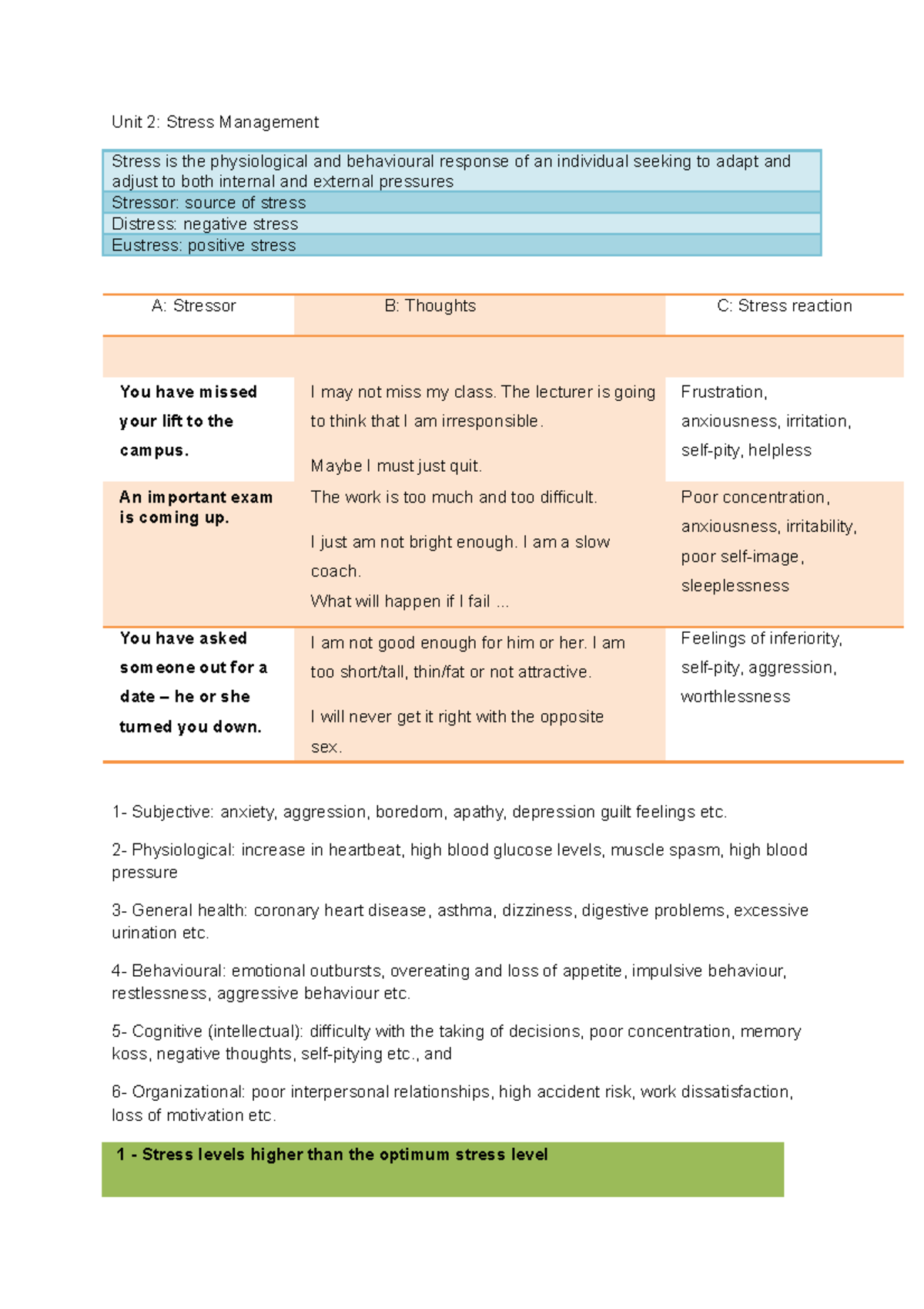 Unit 2 Stress management - Unit 2: Stress Management Stress is the ...