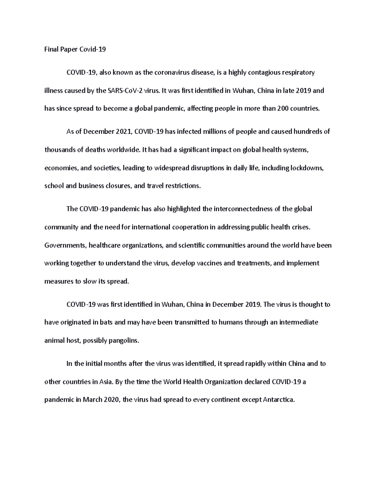 Final Paper Covid-19 - Final Paper Covid- COVID-19, also known as the ...