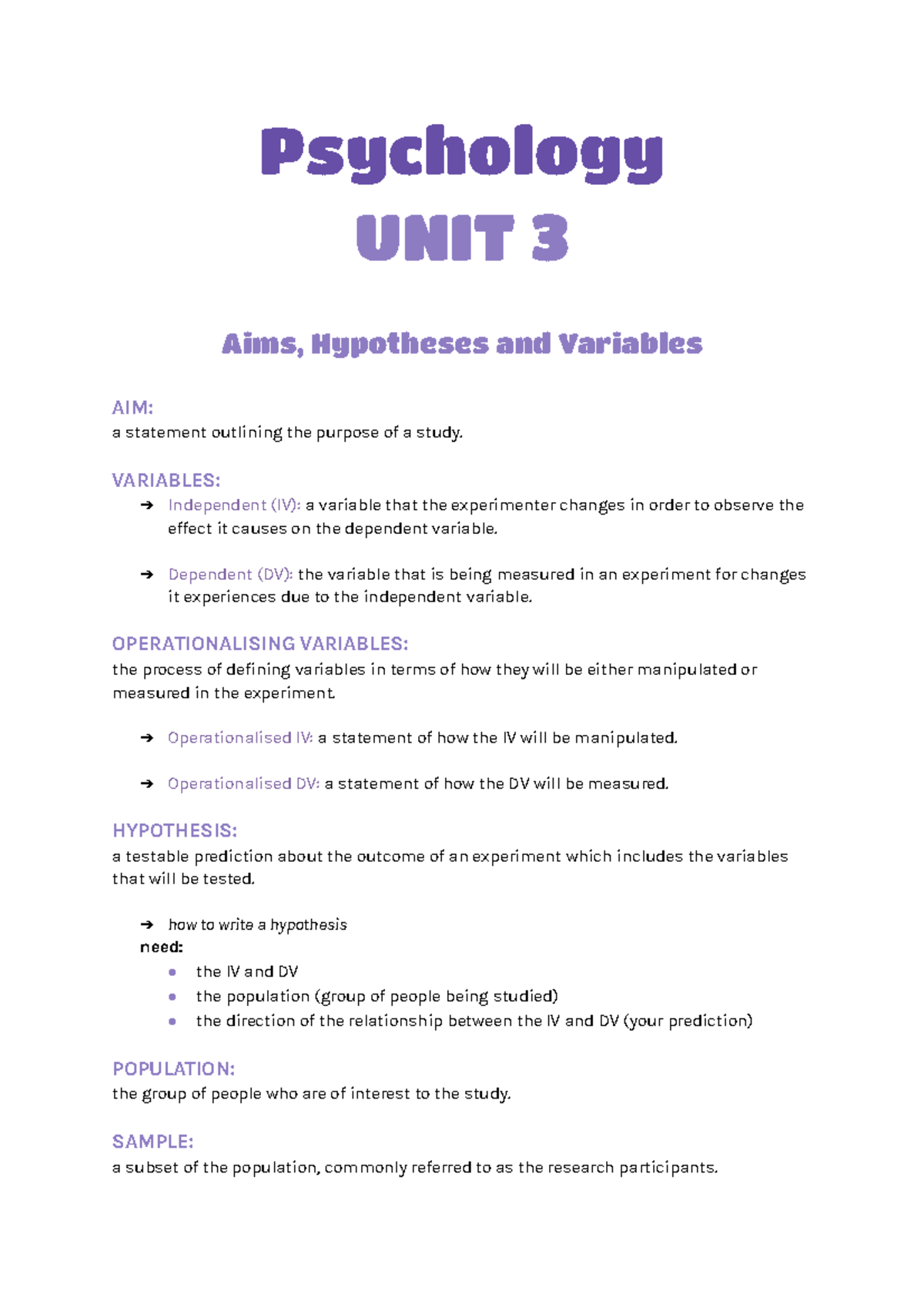 psych unit 3/4 notes incomplete - Psychology UNIT 3 Aims, Hypotheses ...