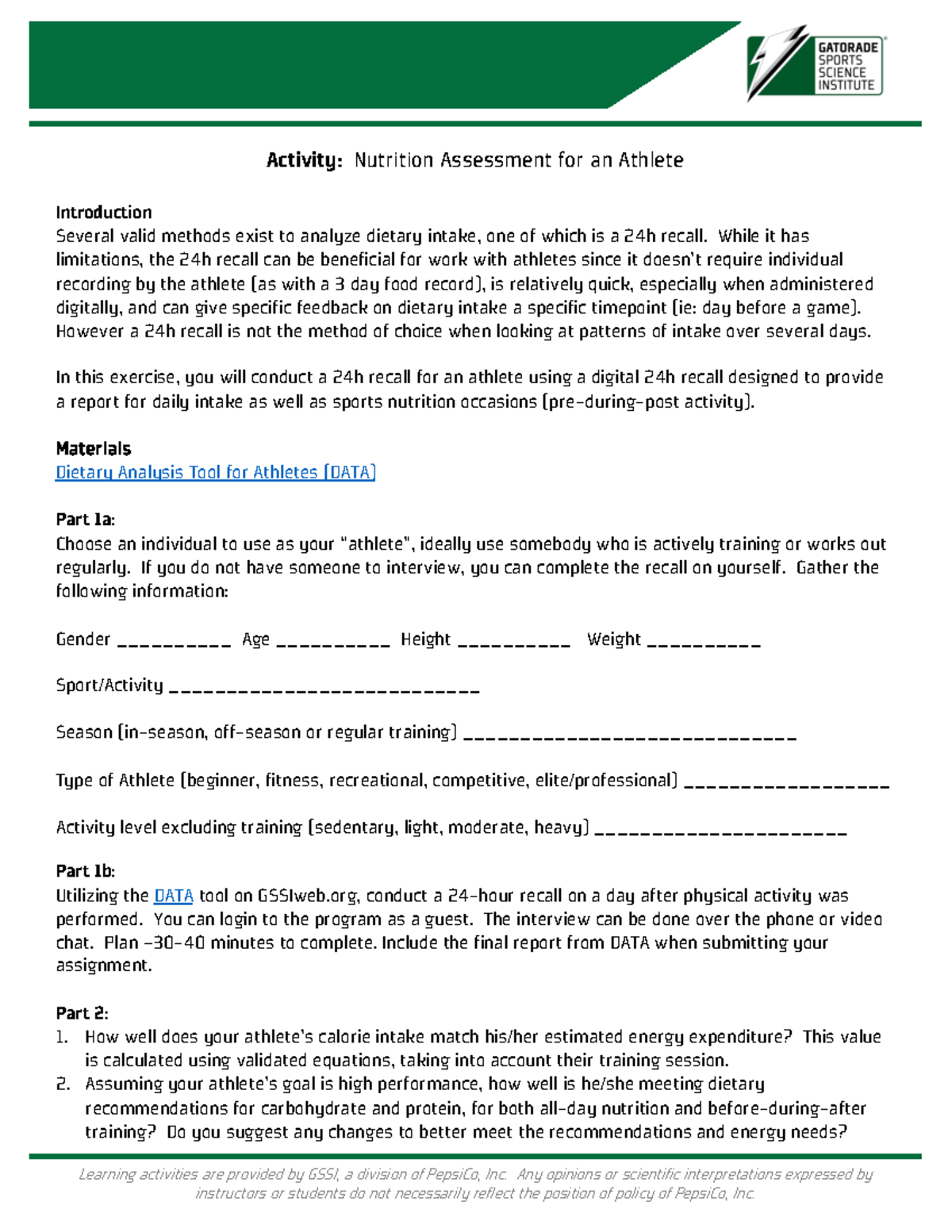 Nutrition assessment for an athlete - Activity: Nutrition Assessment ...