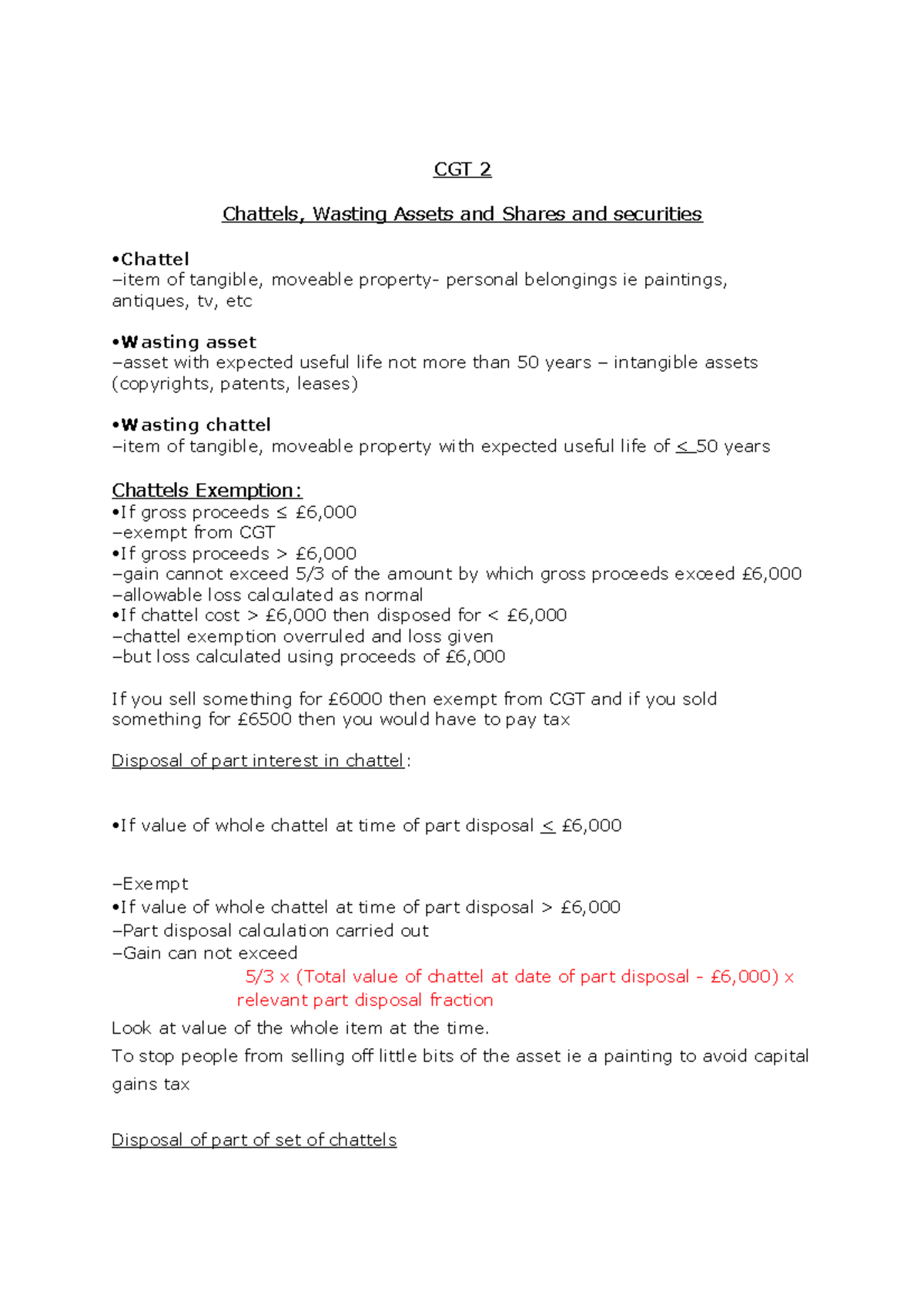 Lecture 2 - CGT 2 notes - CGT 2 Chattels, Wasting Assets and Shares and ...