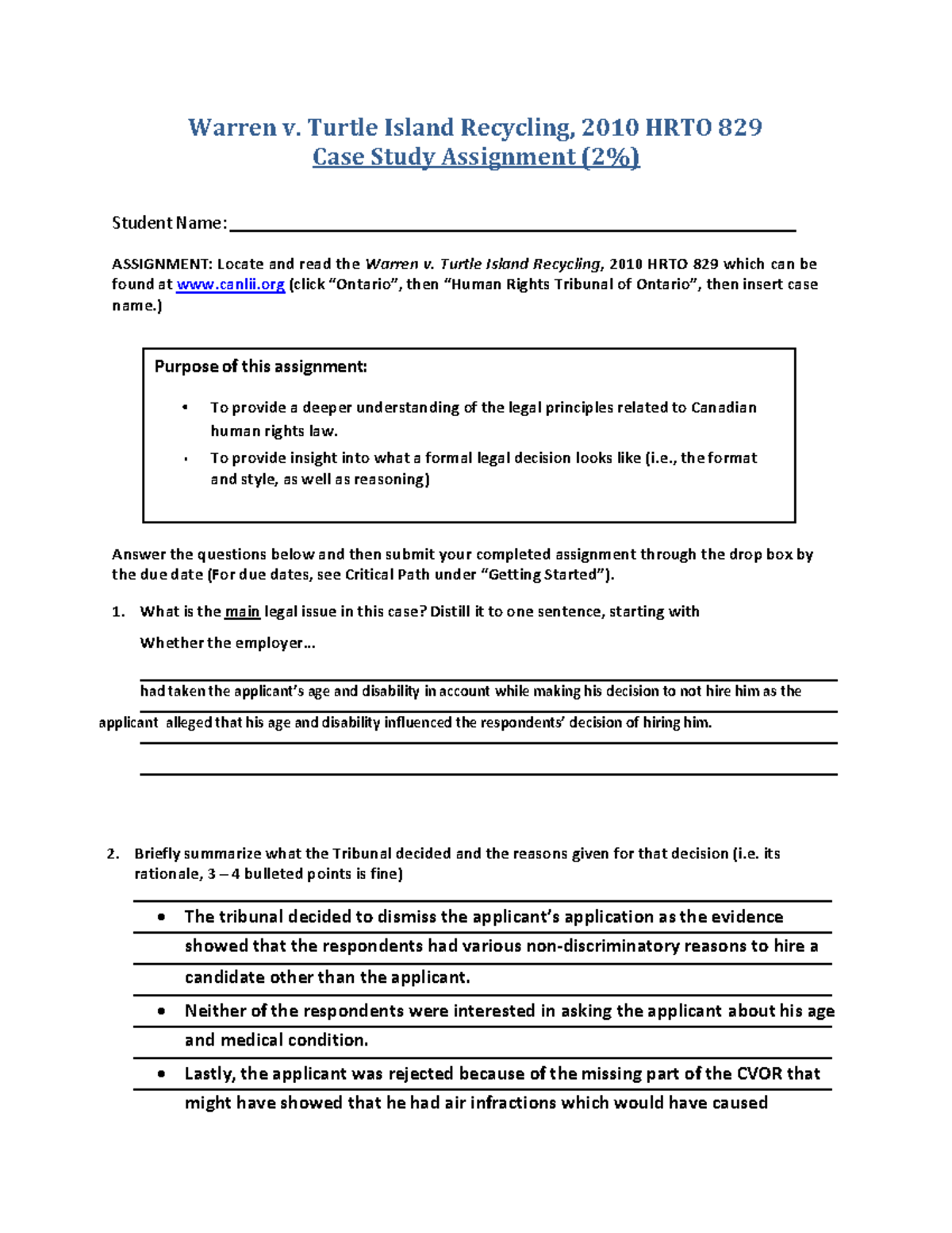 Warren Case Case Study Assignment Warren V Turtle Island Recycling