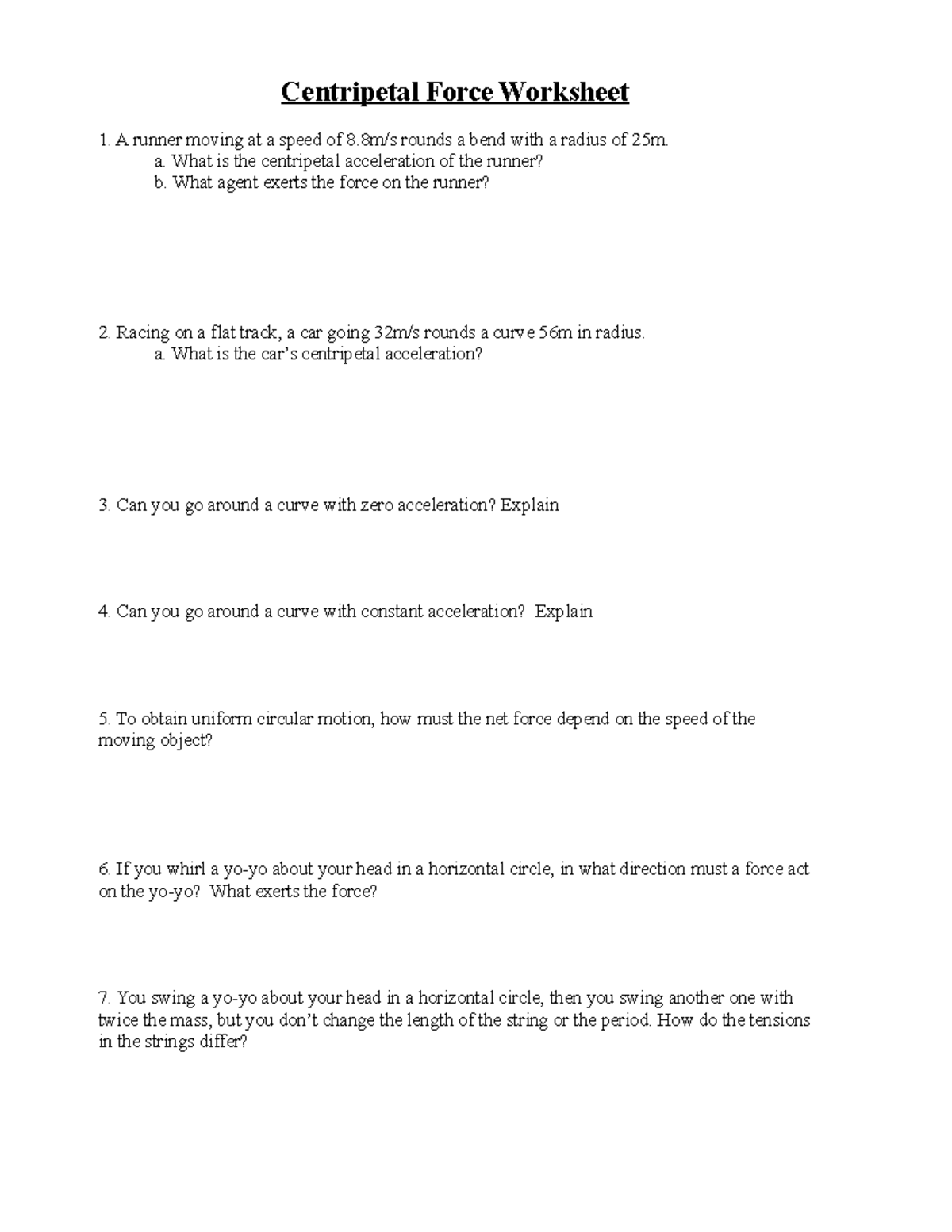 4. Centripetal Force Worksheet 1 - Centripetal Force Worksheet A runner ...