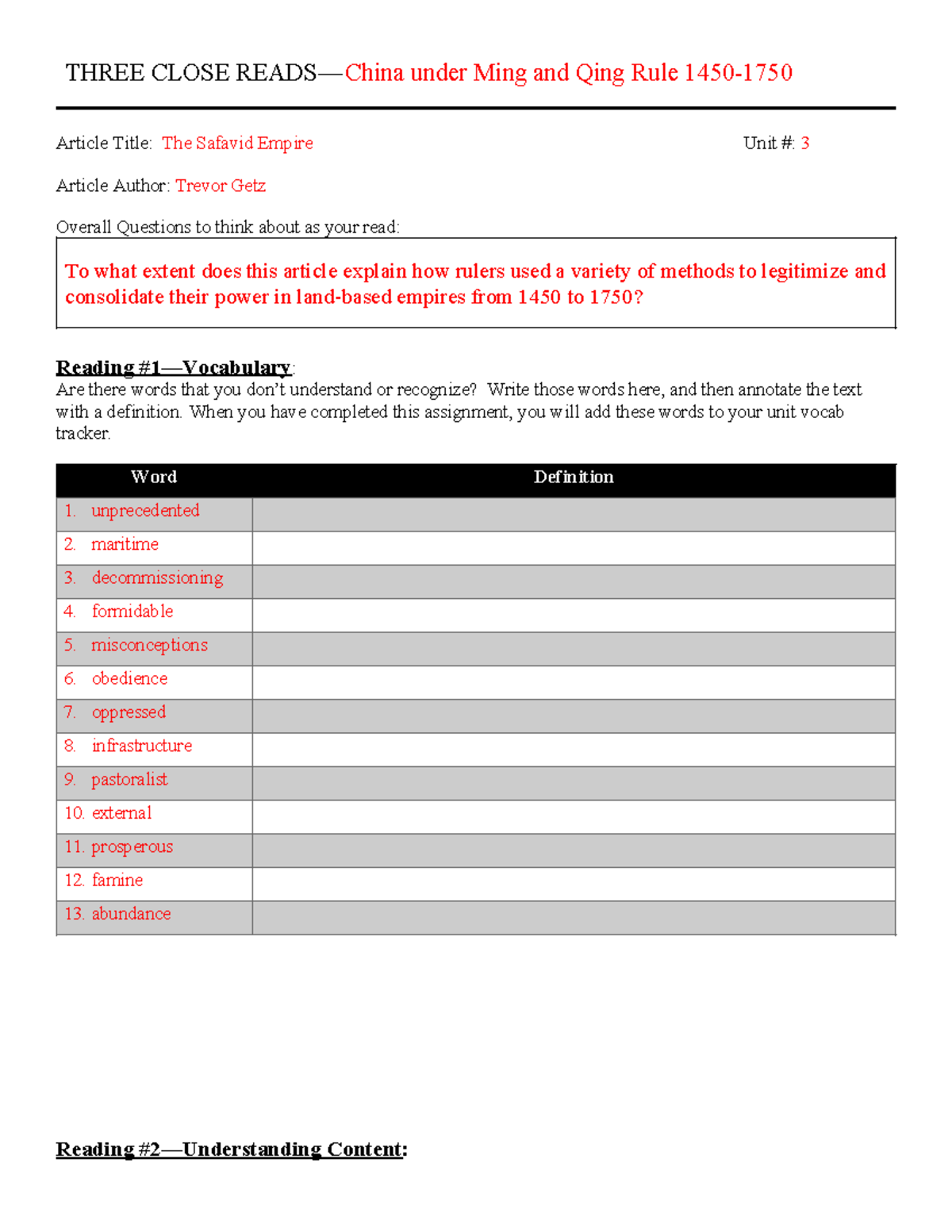 China Under MING AND QING RULE 1450-1750 Worksheet - THREE CLOSE READS ...
