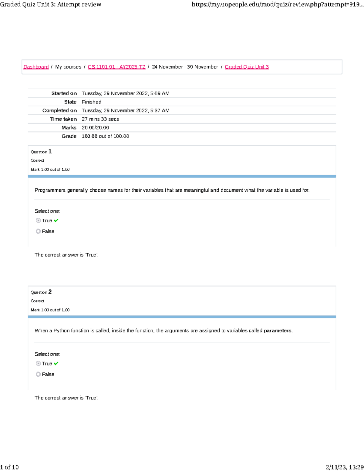 Graded Quiz Unit 3 Attempt review - Started on Tuesday, 29 November 2022, 5:09 AM State Finished ...