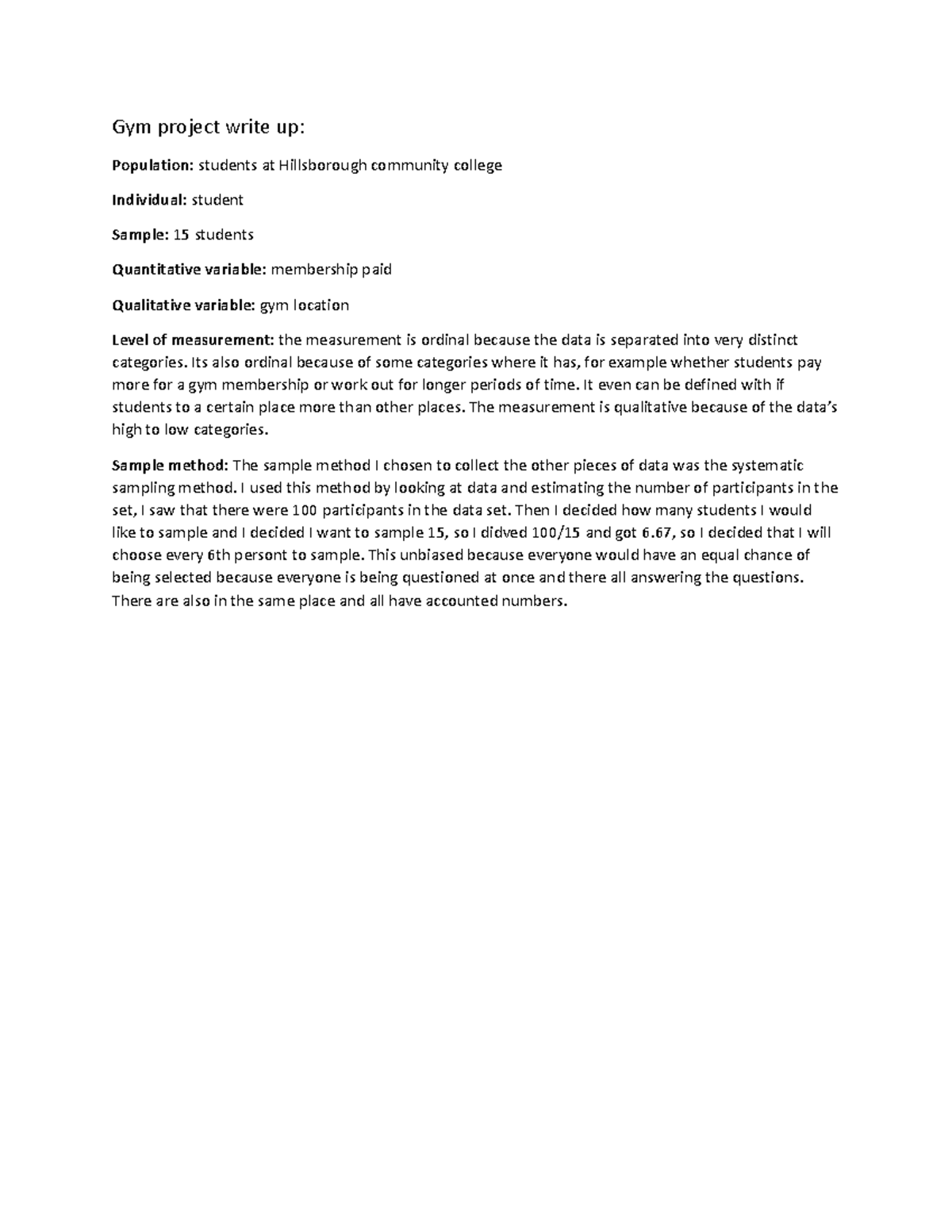 Gym project write up - Gym project write up: Population: students at ...