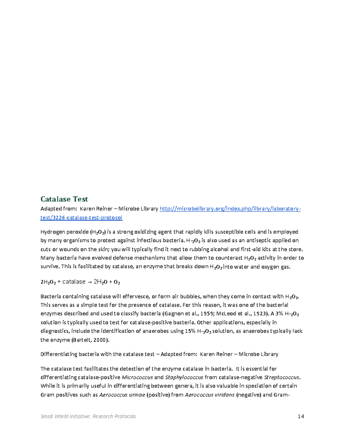 Catalase test 2016 - Small World Initiative: Research Protocols 14 ...