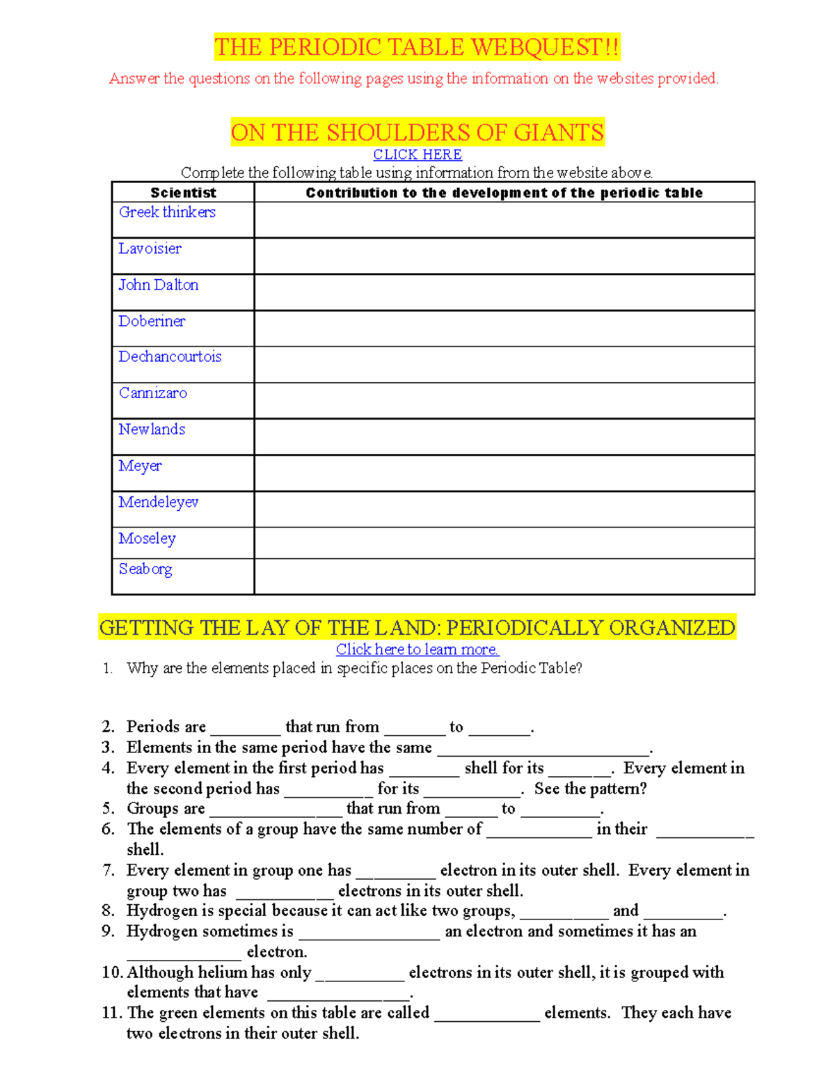 Periodic table webquest - THE PERIODIC TABLE WEBQUEST!! Answer the ...