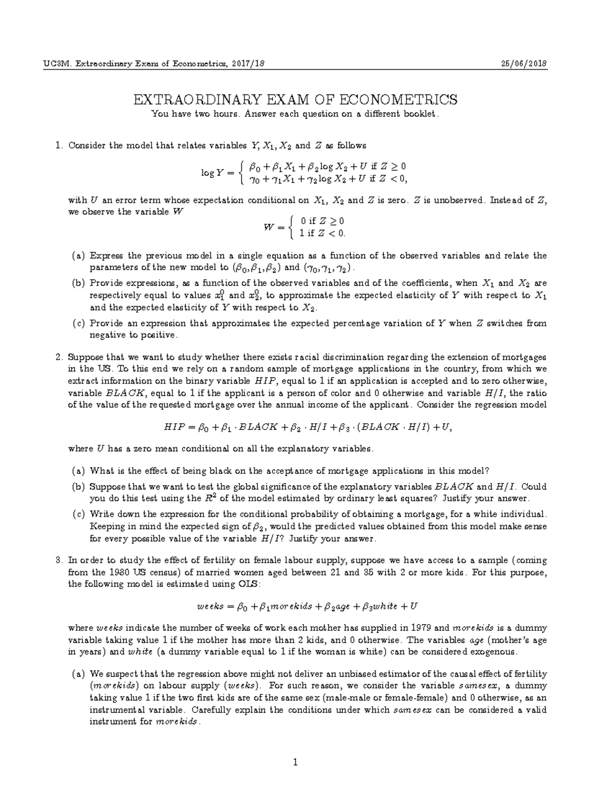 Final june 2018 econometrics - UC3M. Extraordinary Exam of Econometrics ...