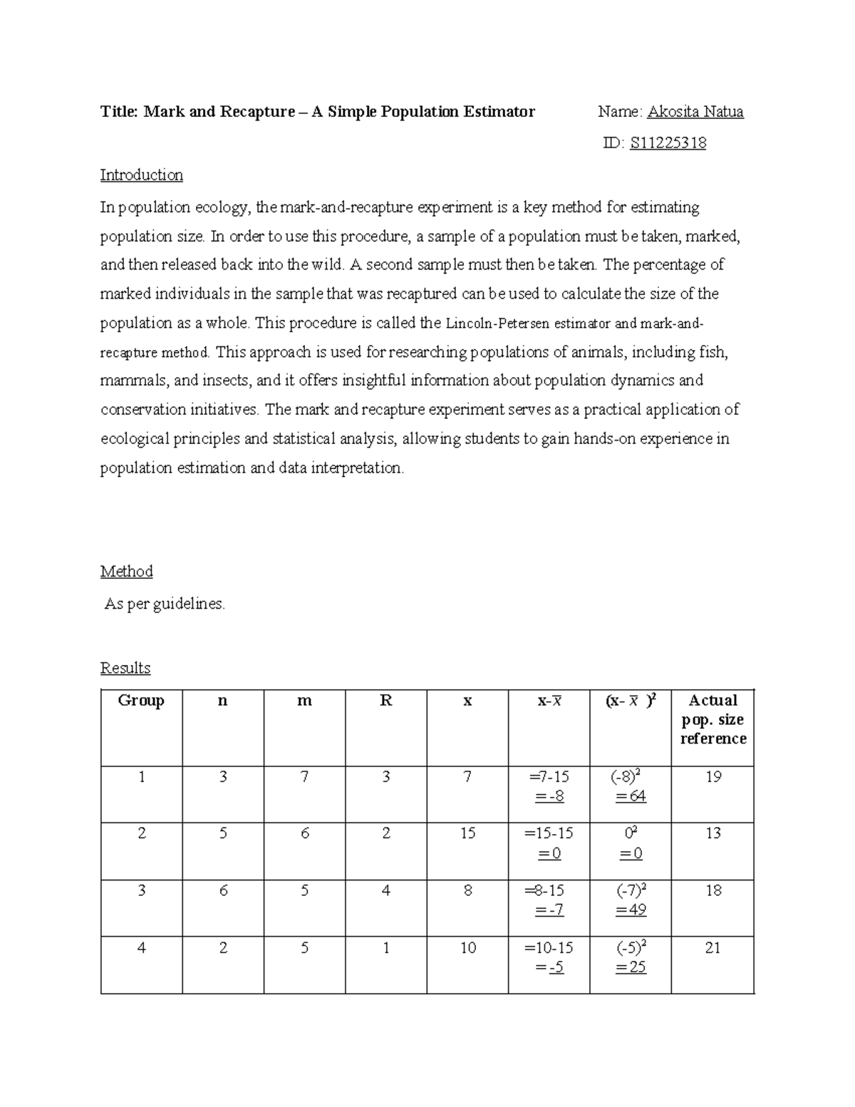BI201 Mark and recapture Lab report - Akosita Natua (S11225318) - Title ...