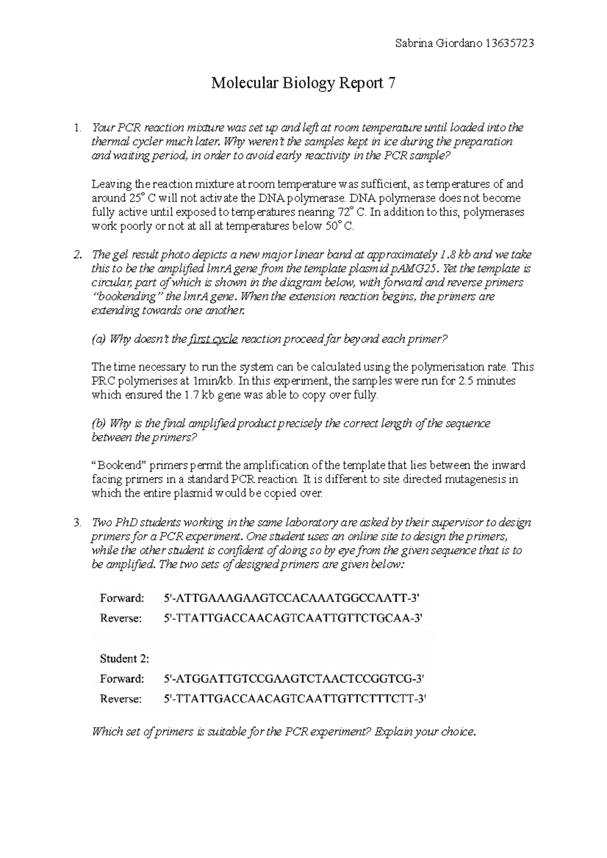 Molecular Biology Report 7 - Sabrina Giordano 13635723 Molecular ...