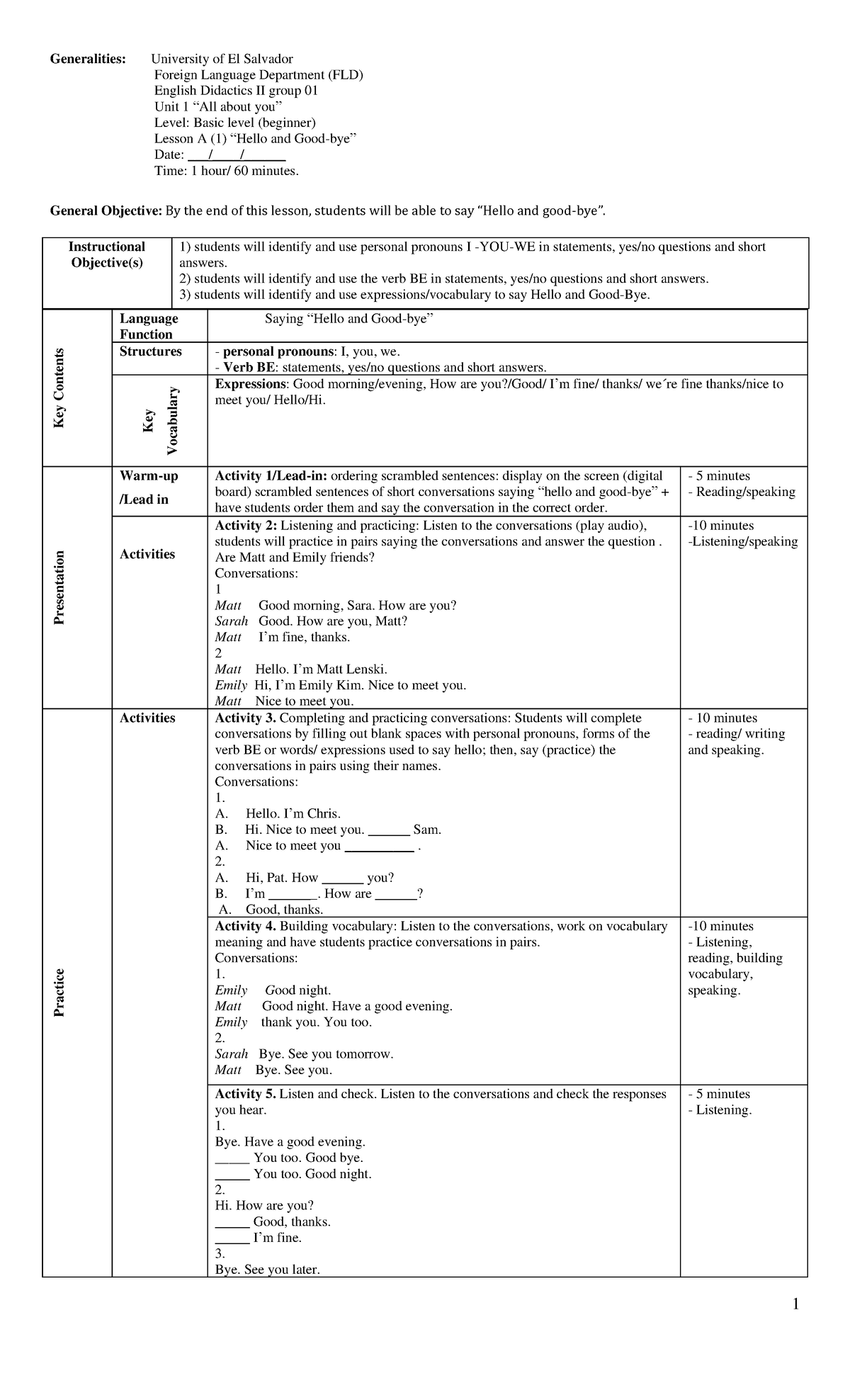 Sample lesson plan using ppp format - 1 Generalities: University of El ...