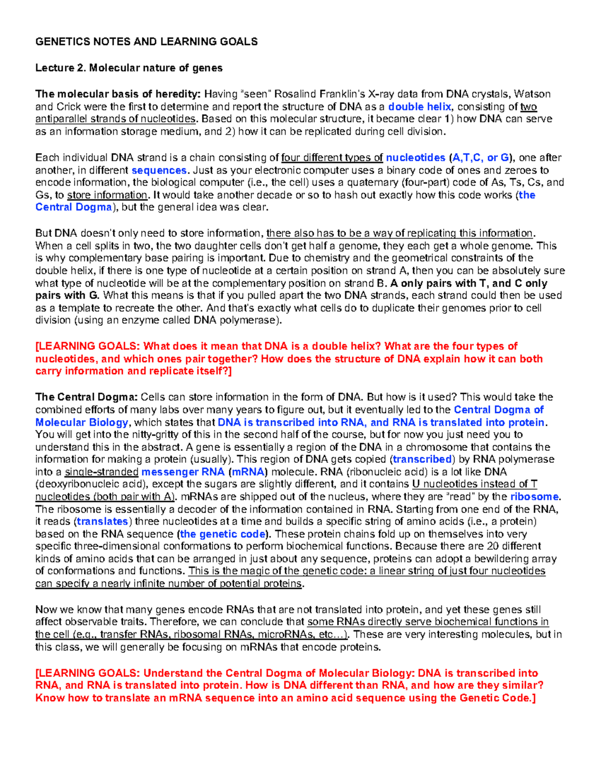 Genetics notes 2 - Molecular nature of genes - GENETICS NOTES AND ...