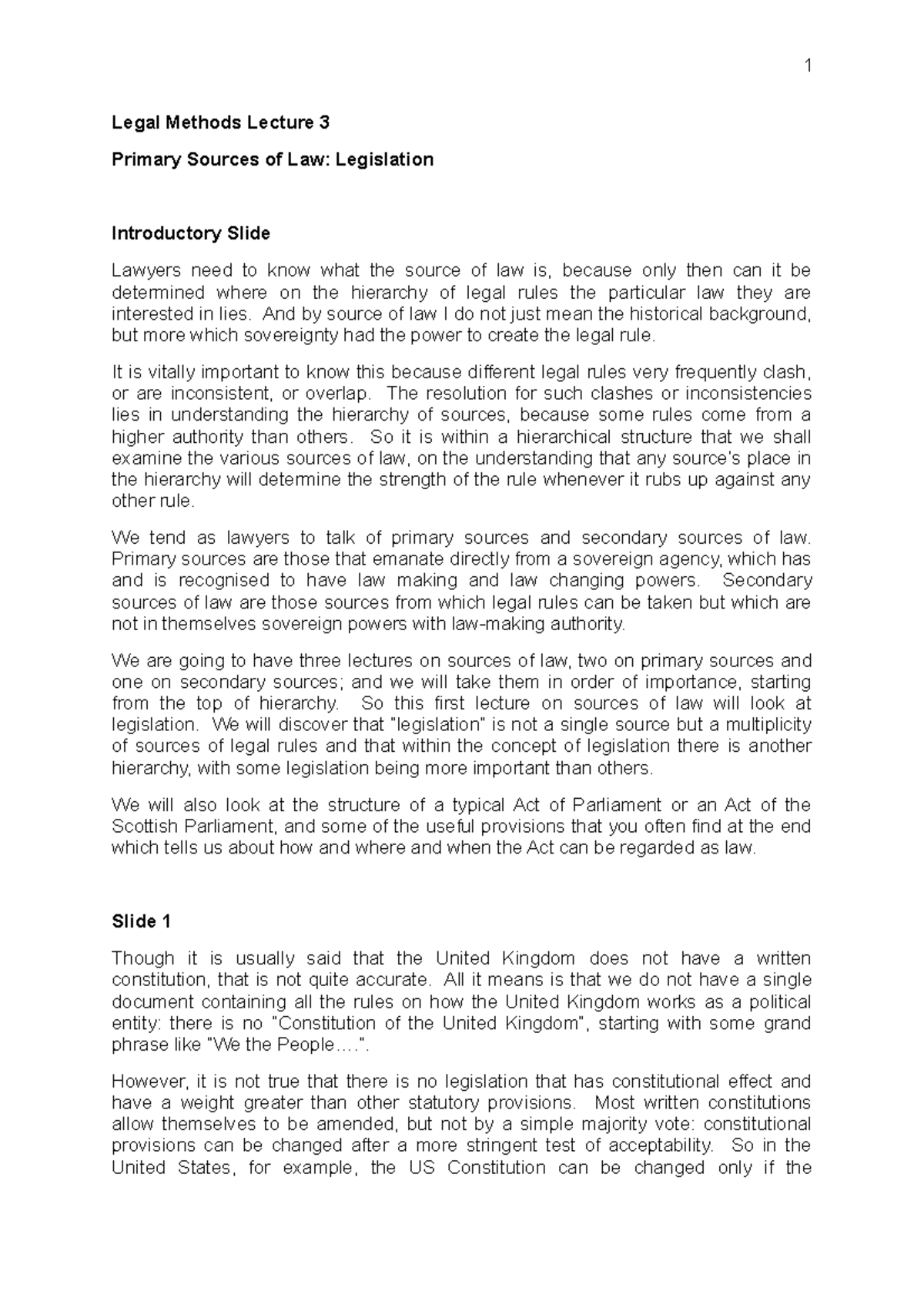 Transcript for Lecture 3 Primary Sources Legislation - Legal Methods ...