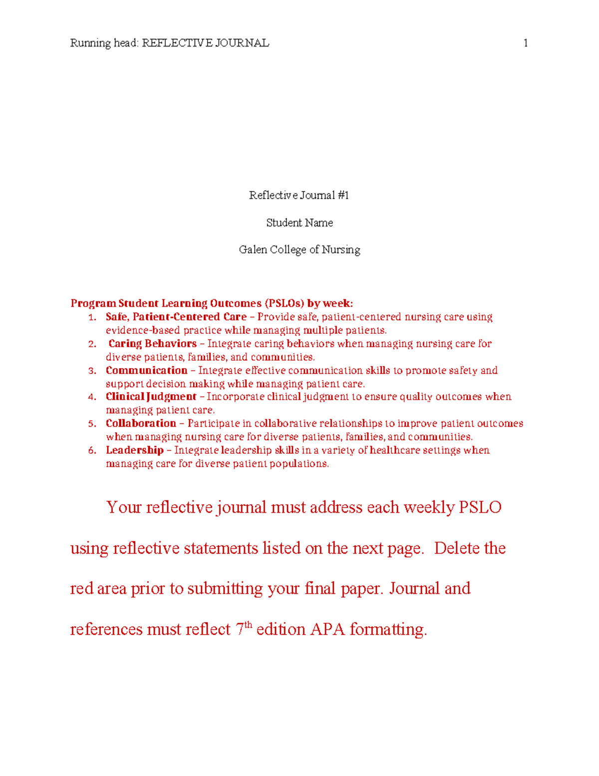 Reflective Journal template 283. - Running head: REFLECTIVE JOURNAL 1 ...