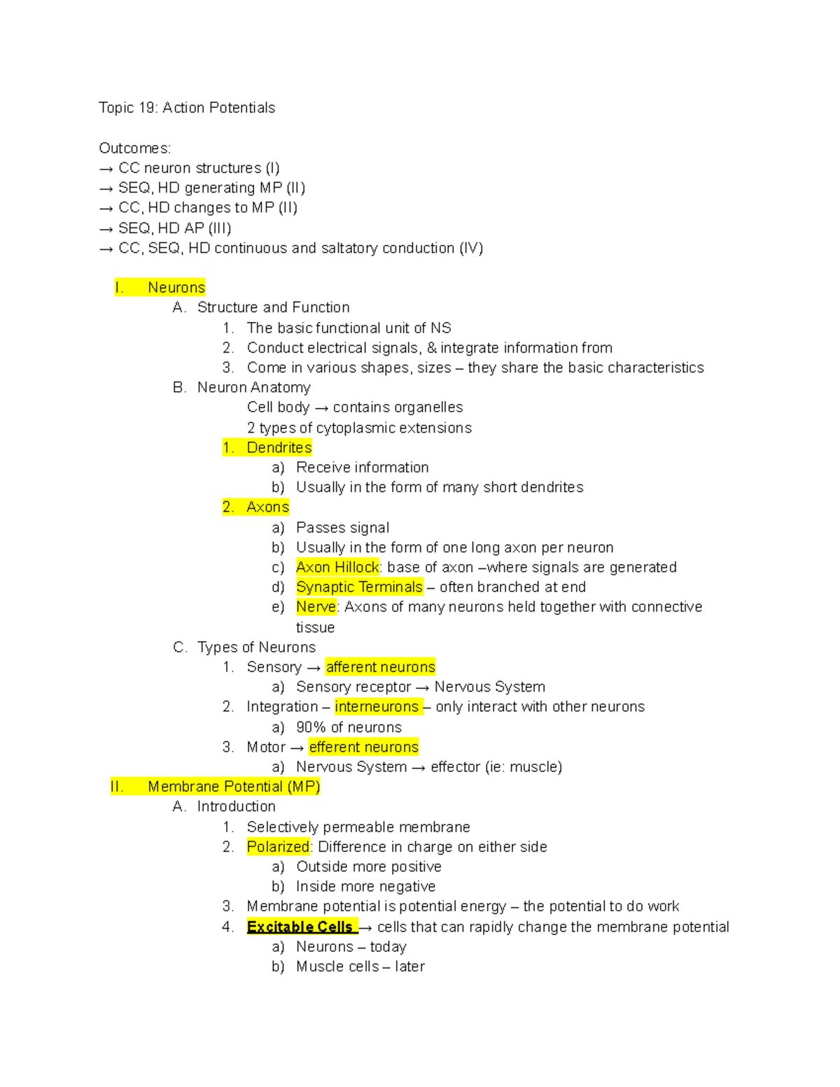 Final Exam Notes - Topic 19: Action Potentials Outcomes: → CC neuron ...