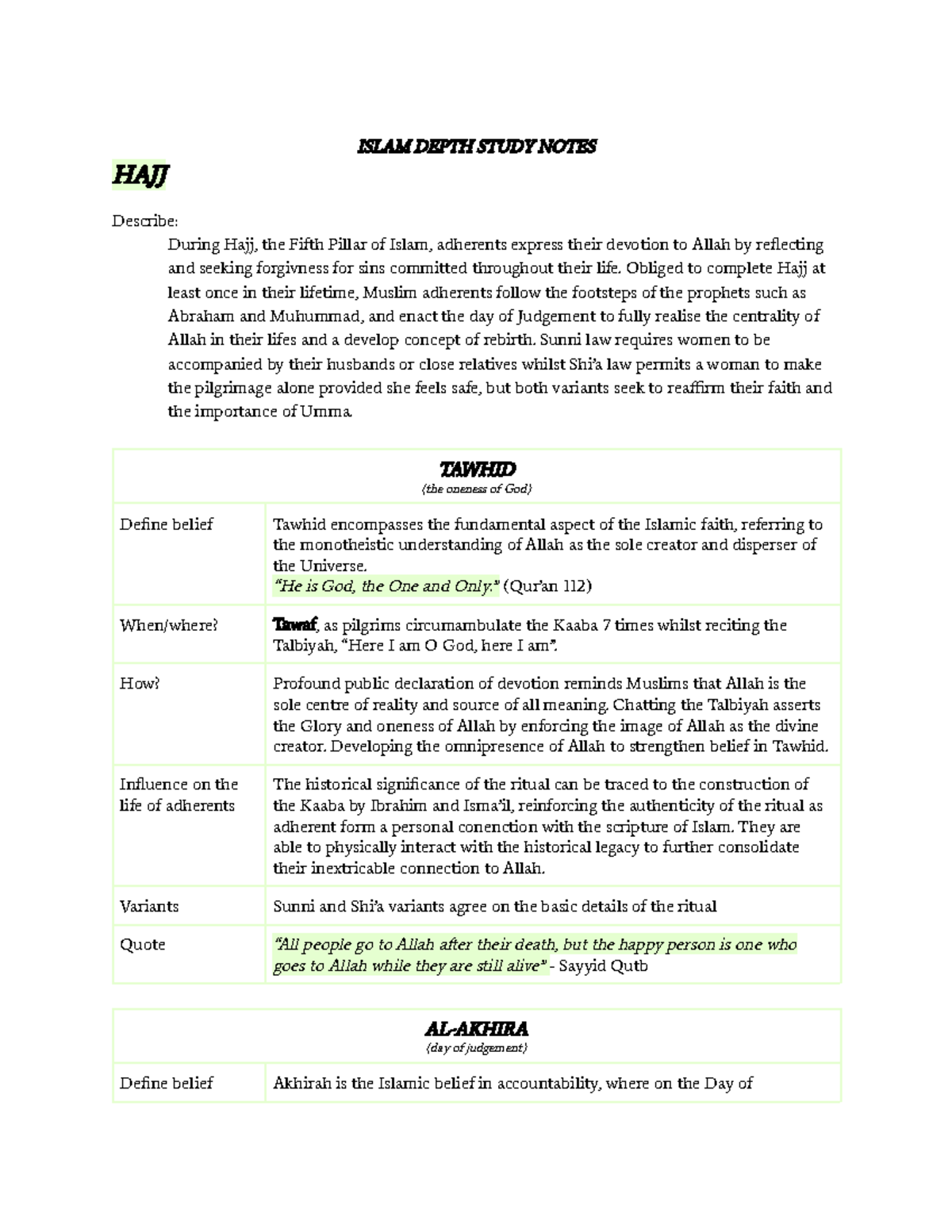 Past notes - ISLAM DEPTH STUDY NOTES HAJJ Describe: During Hajj, the ...