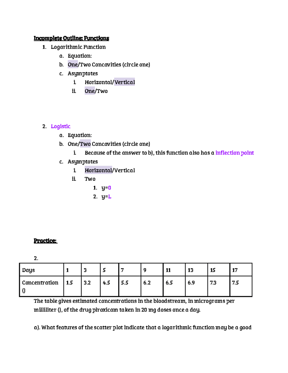 Math 1020 Logarithmic Logistic Functions - Incomplete Outline ...