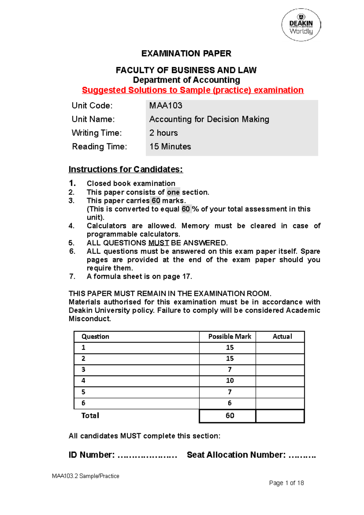 Sample/practice exam 2016, questions and answers - EXAMINATION PAPER FACULTY OF BUSINESS AND LAW ...