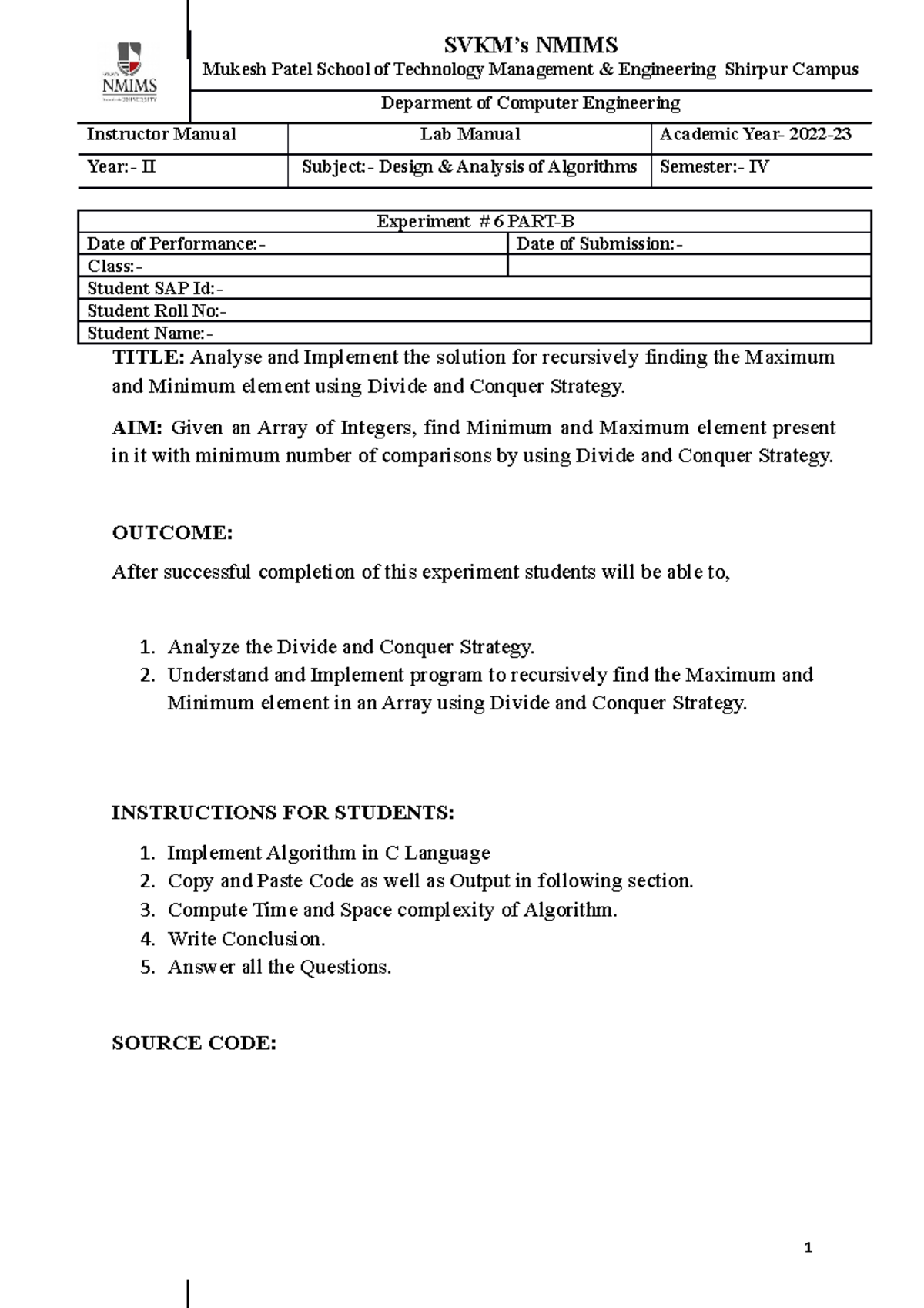 DAA Experiment 06 LAB Manual PART B - SVKM’s NMIMS Mukesh Patel School ...