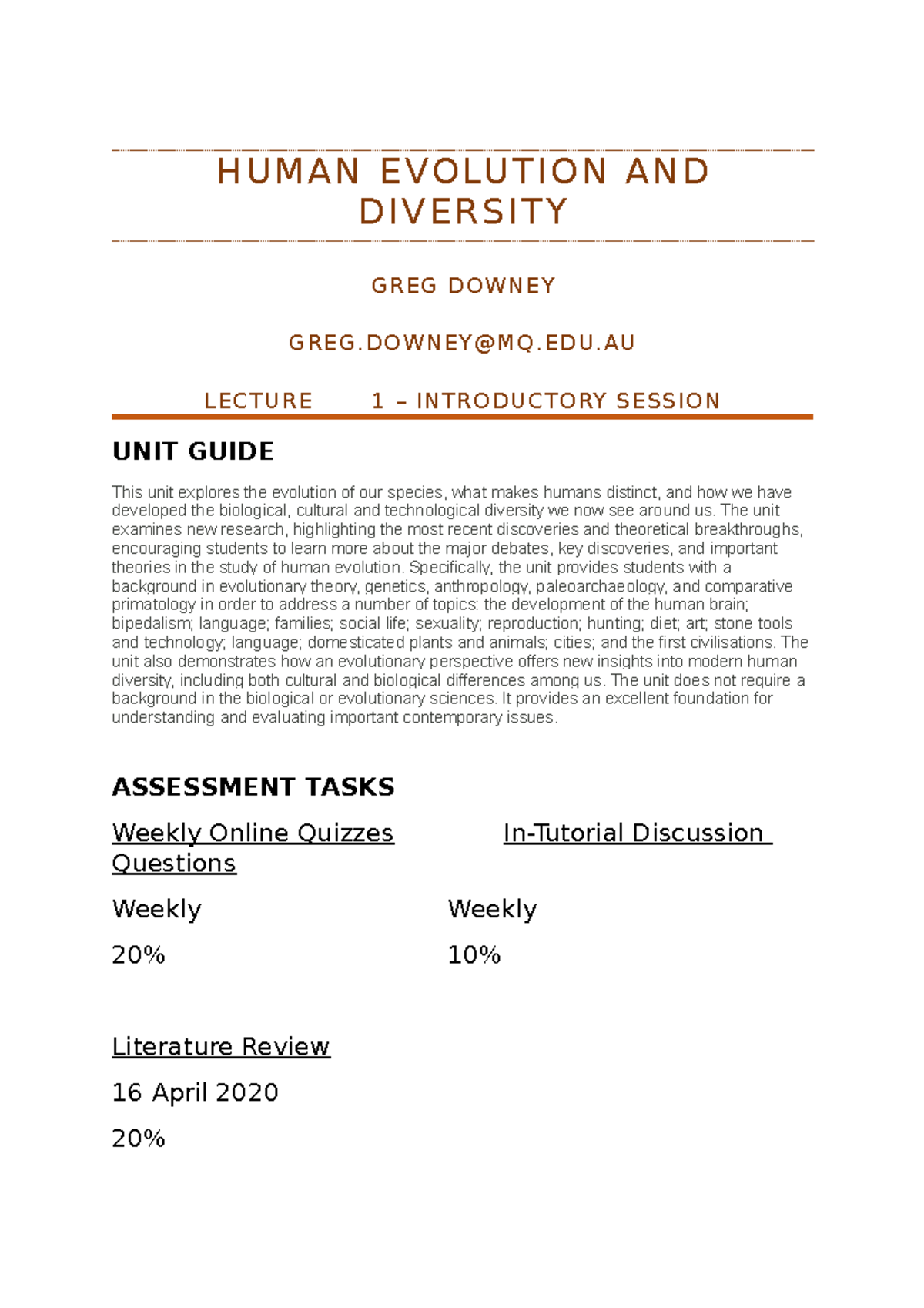 Human Evolution AND Diversity - HUMAN EVOLUTION AND DIVERSITY GREG ...