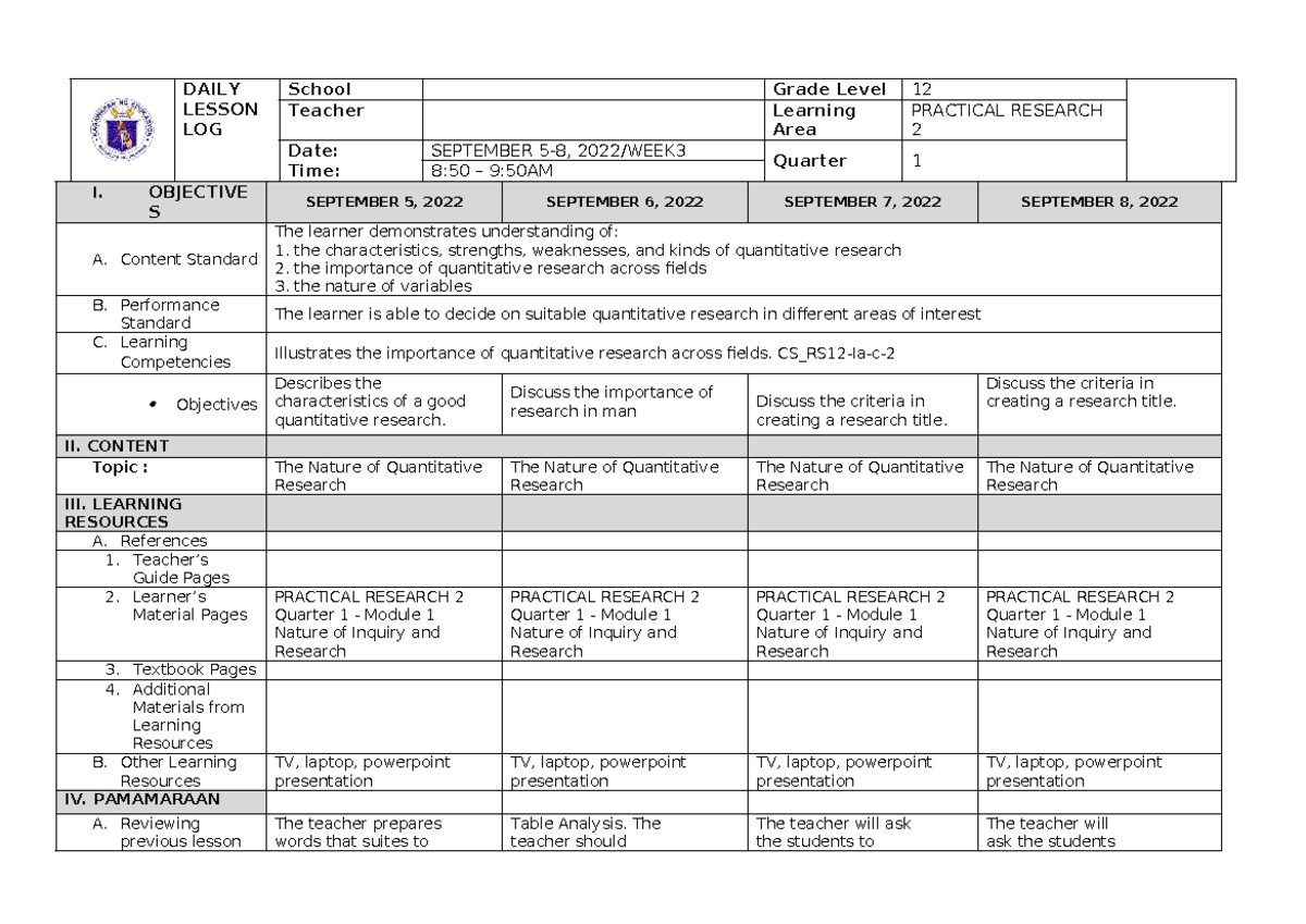 WEEK 3 - PRACTICAL RESEARCH 2 - DAILY LESSON LOG School Grade Level 12 ...