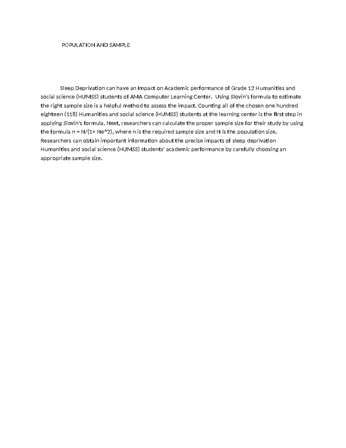 Population AND WPS Office - POPULATION AND SAMPLE Sleep Deprivation can ...