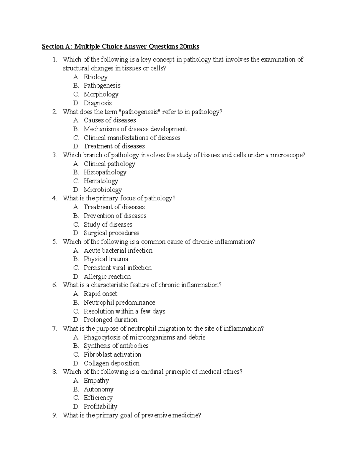 Basic concepts of medicine exam - Section A: Multiple Choice Answer ...