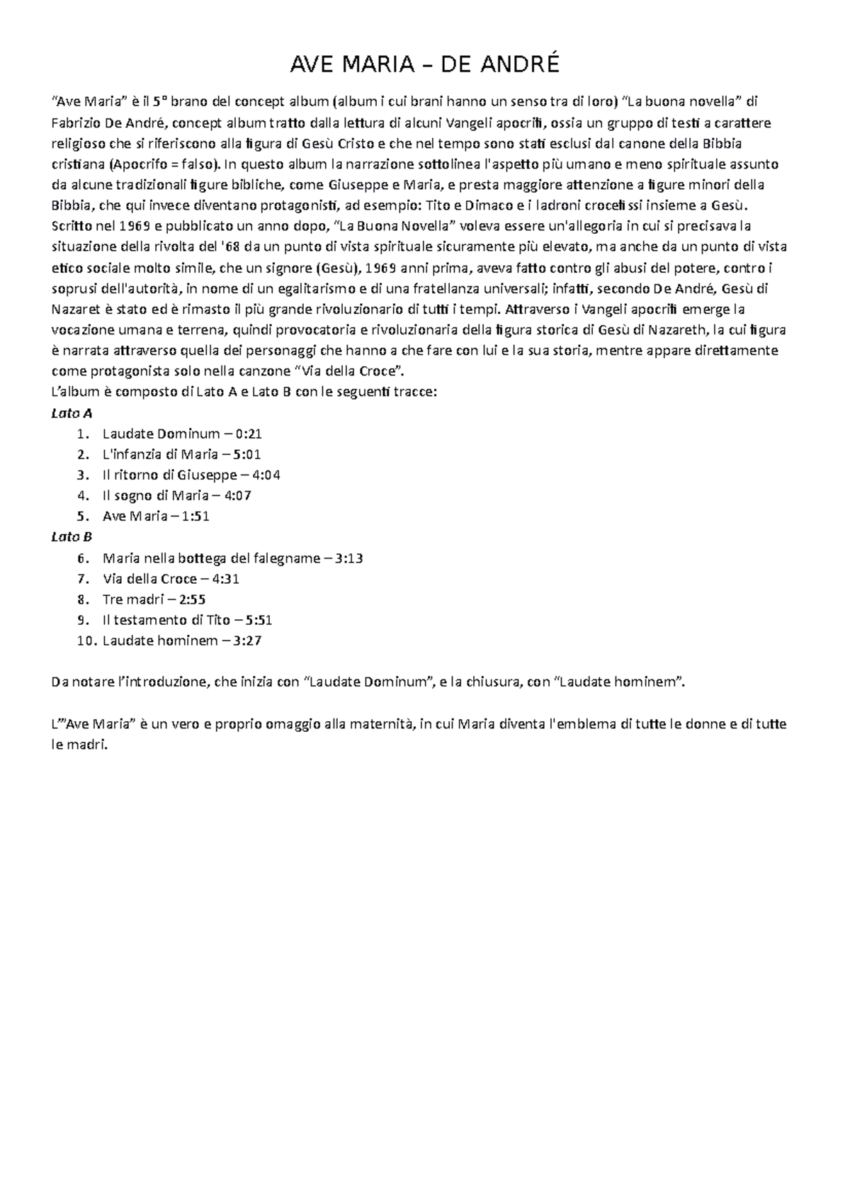 AVE Maria - De André - AVE MARIA – DE ANDRÉ “Ave Maria” è il 5° brano ...