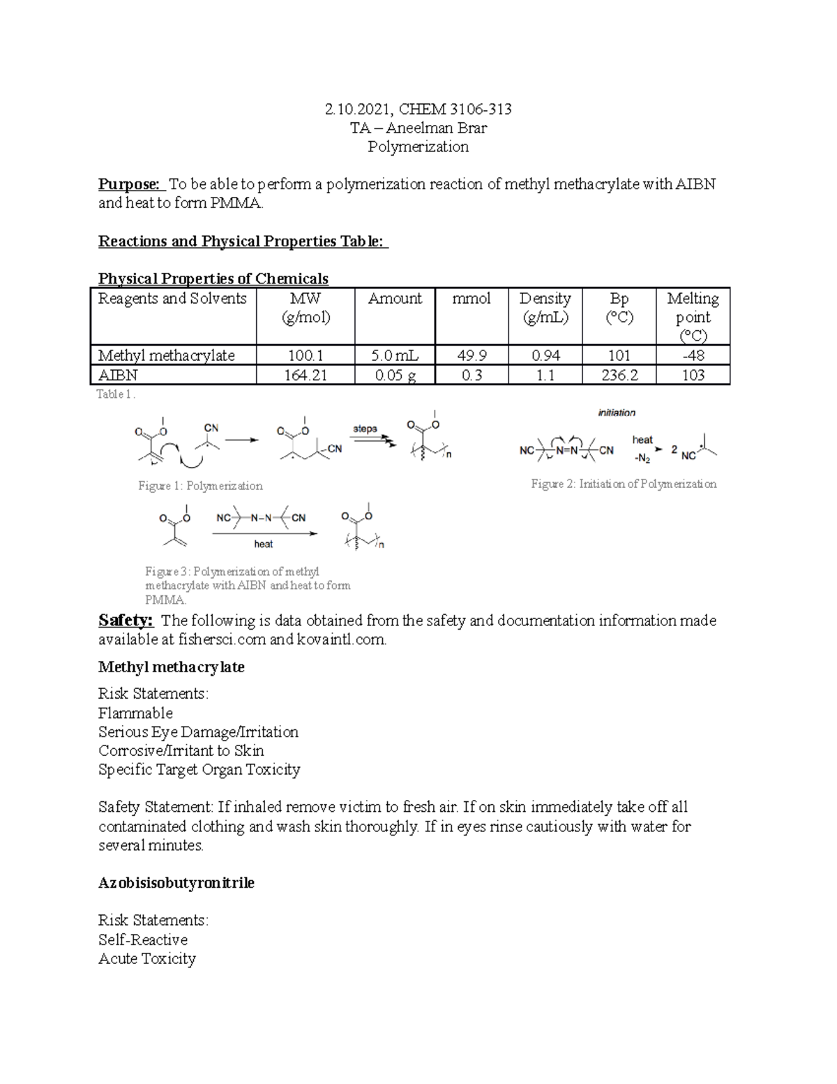 3106-313 Exp. 2 lab report - 2.10, CHEM 3106- TA – Aneelman Brar ...