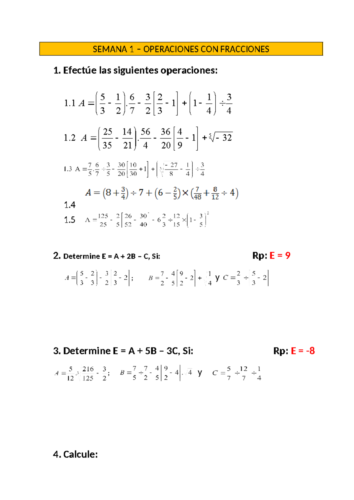 Practica 1 Fracciones - Operaciones - SEMANA 1 – OPERACIONES CON ...