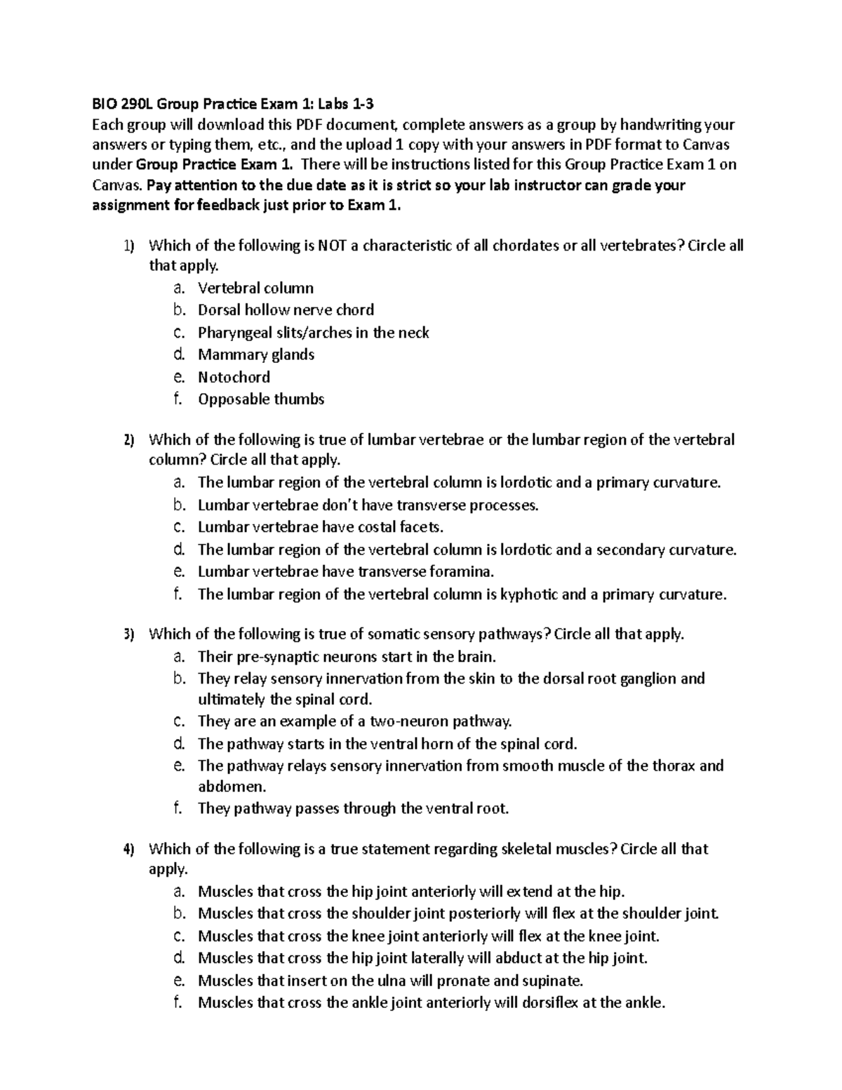BIO 290 L Group Practice Exam 1 - BIO 290L Group Prac 1 ce Exam 1: Labs ...
