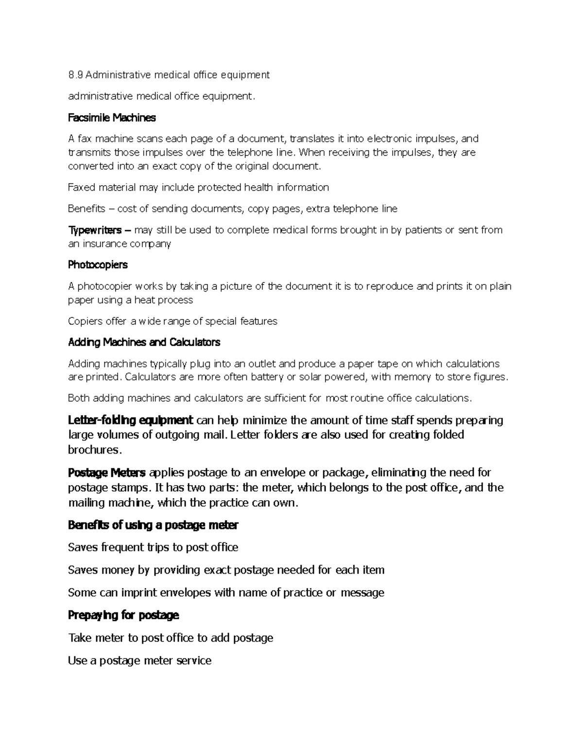 Summary notes on 8.9 Administrative medical office equipment - 8 ...