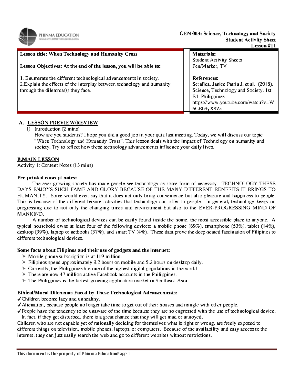 GEN 003 Lesson 11 STS SAS - Student Activity Sheet Lesson # Lesson ...