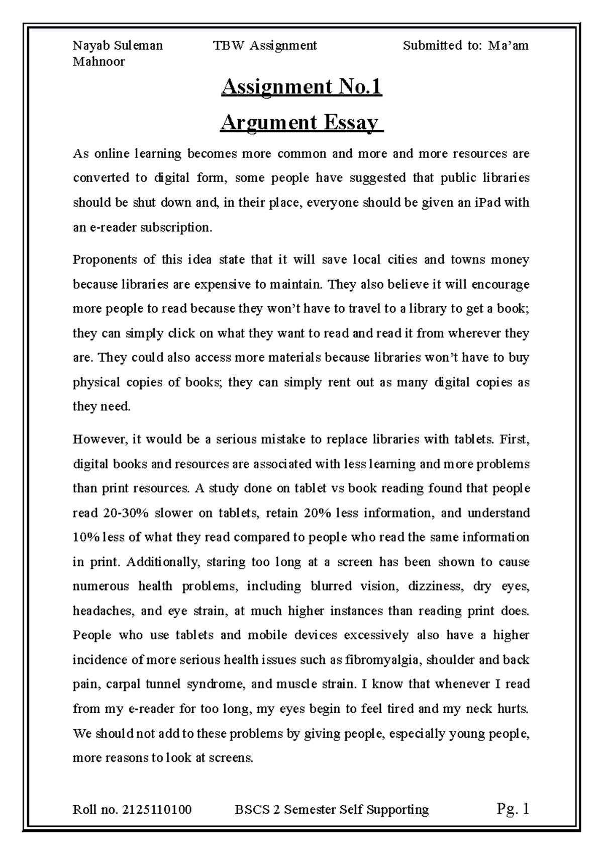 English argument - Nayab Suleman TBW Assignment Submitted to: Ma’am ...