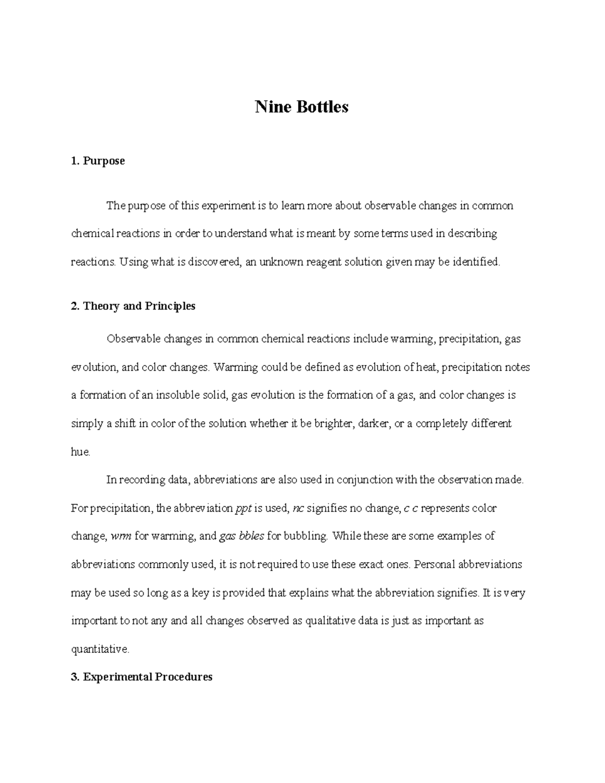Copy of Pre-Lab Nine Bottles - Nine Bottles 1. Purpose The purpose of ...